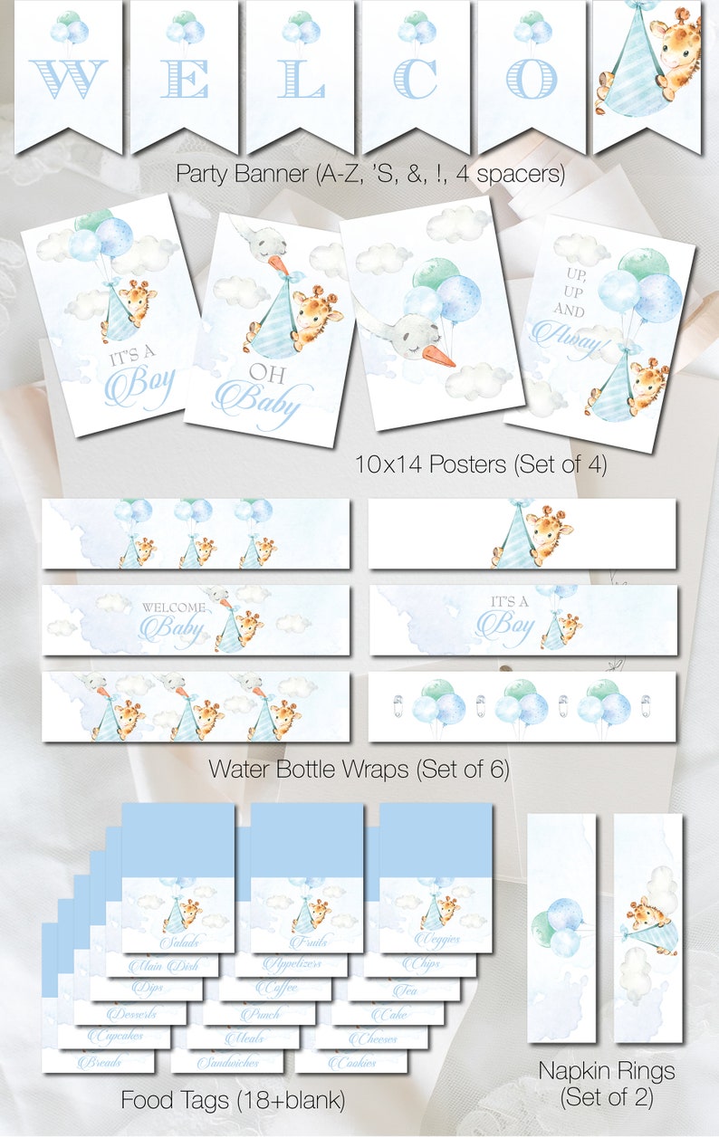 Blue Giraffe Printable Baby Shower Pick 3 Bundle Party Pack - Etsy