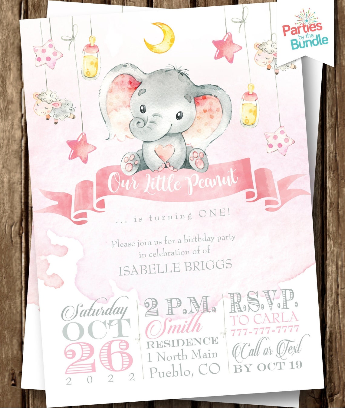 Pink Elephant Birthday Invitation Girl Elephant Birthday | Etsy