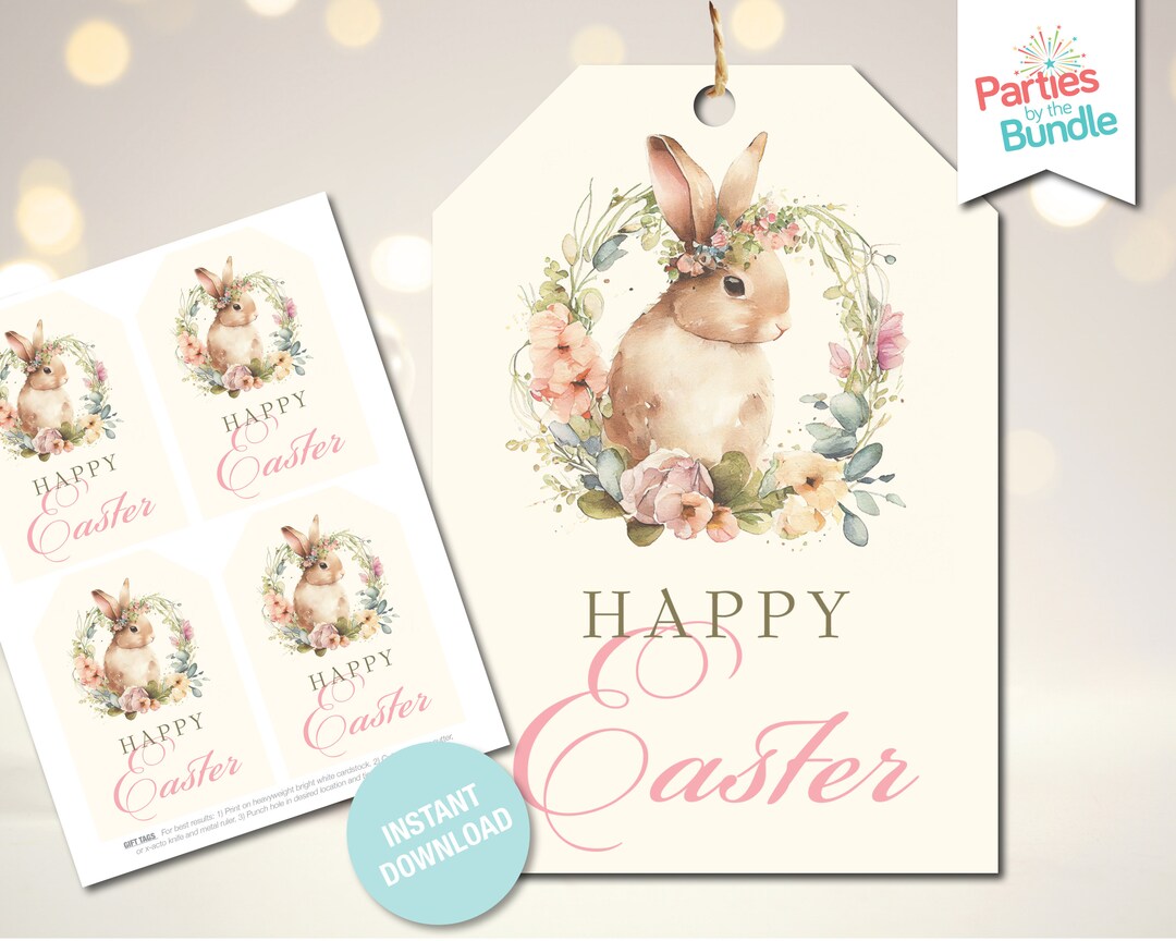 Easter Bunny Gift Tag Floral Wreath Easter Favor Tag Printable Gift Tag ...