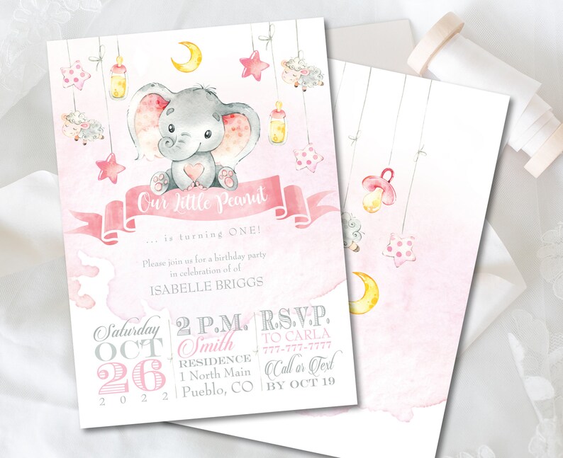 Pink Elephant Birthday Invitation, Girl Elephant Birthday Invite, Girl ...
