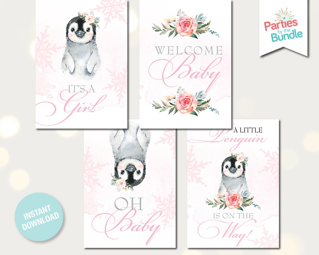 Pink Penguin Baby Shower Poster Set Printable Posters Shower ...