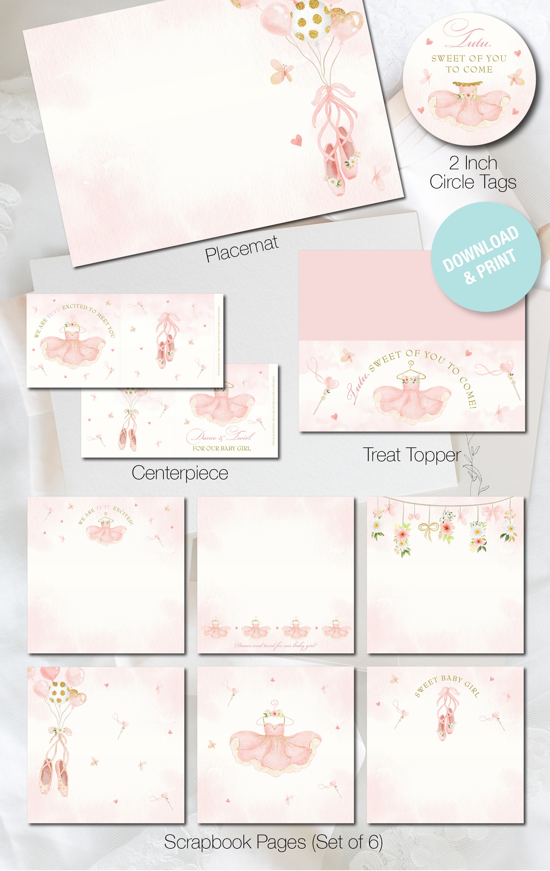 Ballerina Printable Baby Shower Bundle Party Pack Kit Pink - Etsy