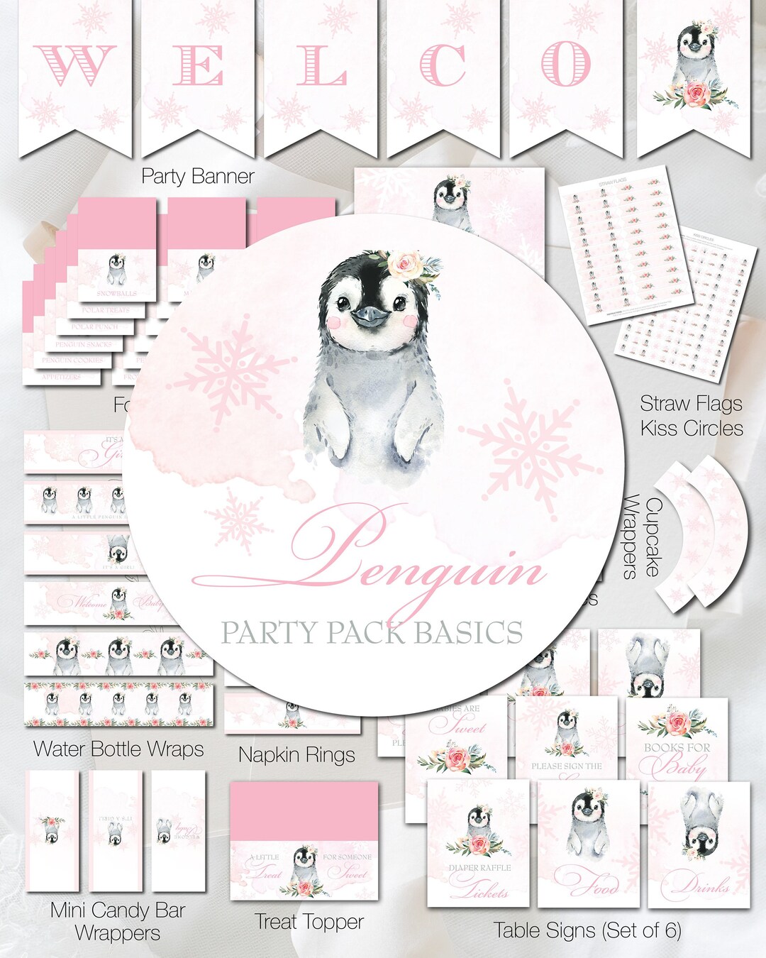Pink Penguin Party Package Decoration Kit Winter Baby Shower Decor Baby ...