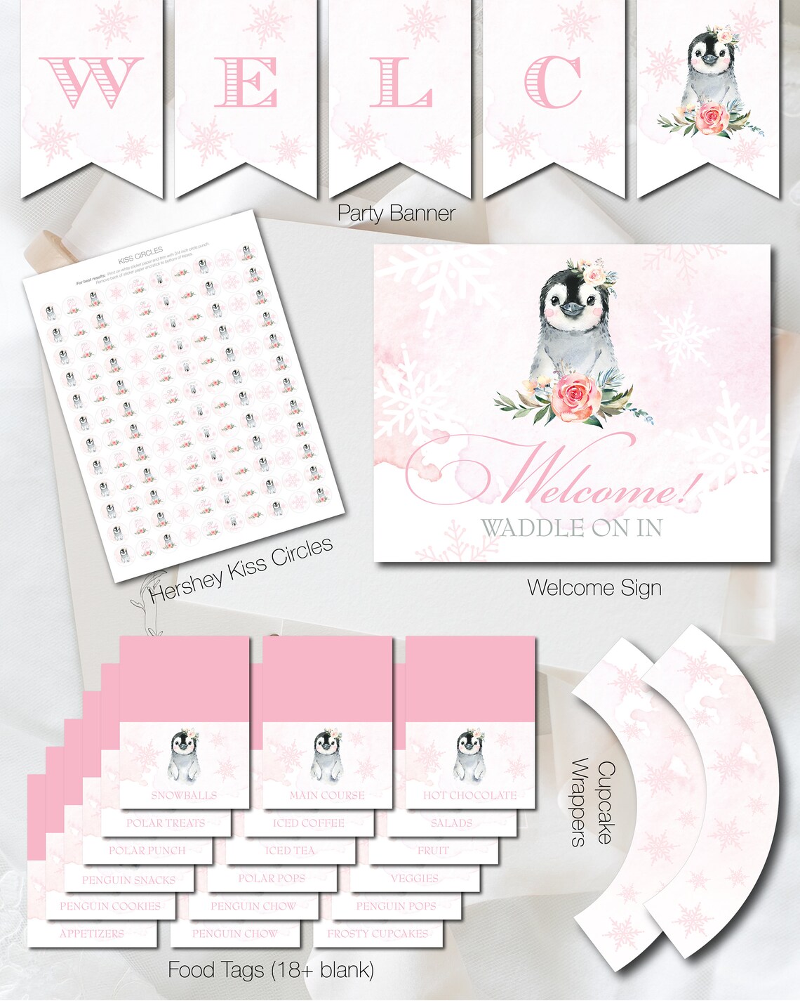 Pink Penguin Party Package Decoration Kit Winter Baby Shower Decor Baby ...