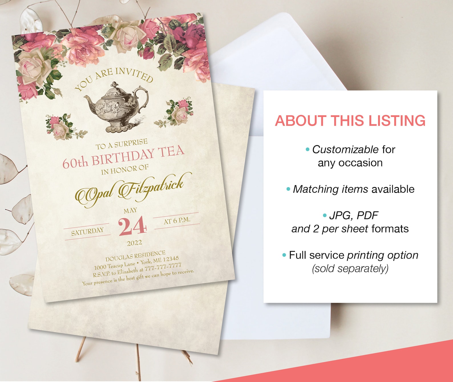 Tea Birthday Invitation Vintage Tea Party Invitation Floral - Etsy