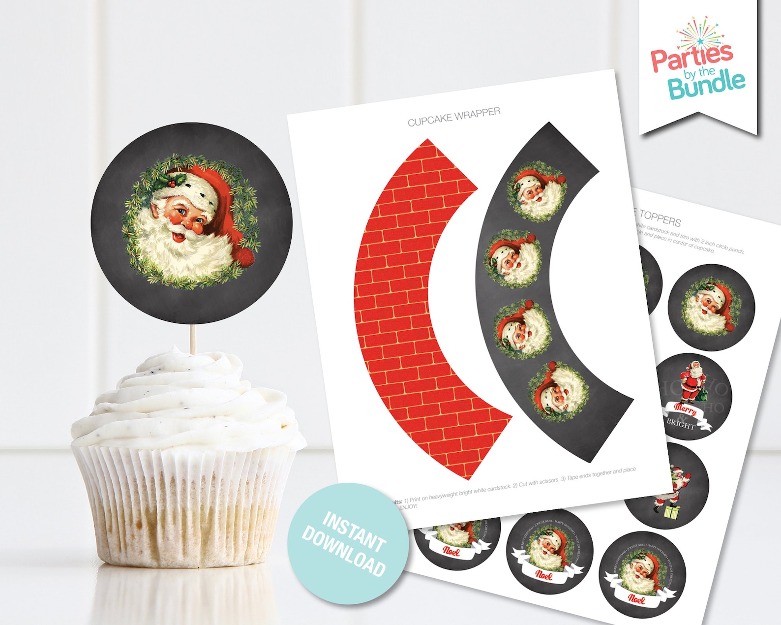 Retro Santa Cupcake Toppers Set, Printable Cupcake Toppers, Cupcake ...