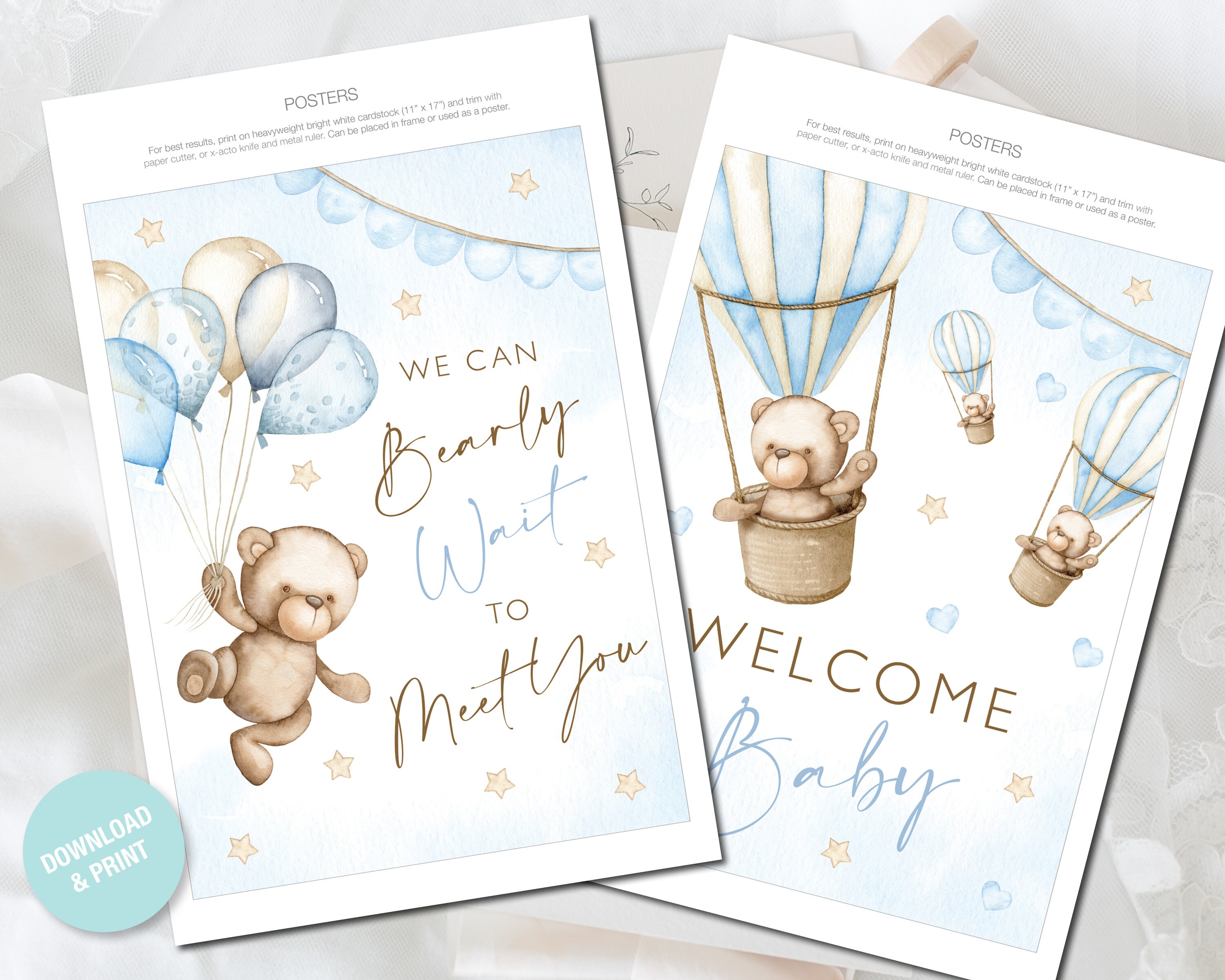 Teddy Bear Poster Set, Blue Teddy Bear Shower Decorations, Baby Shower ...