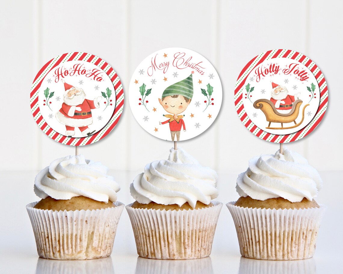 Santa Cupcake Toppers Wrappers Set Santa and Elves Printable Christmas ...