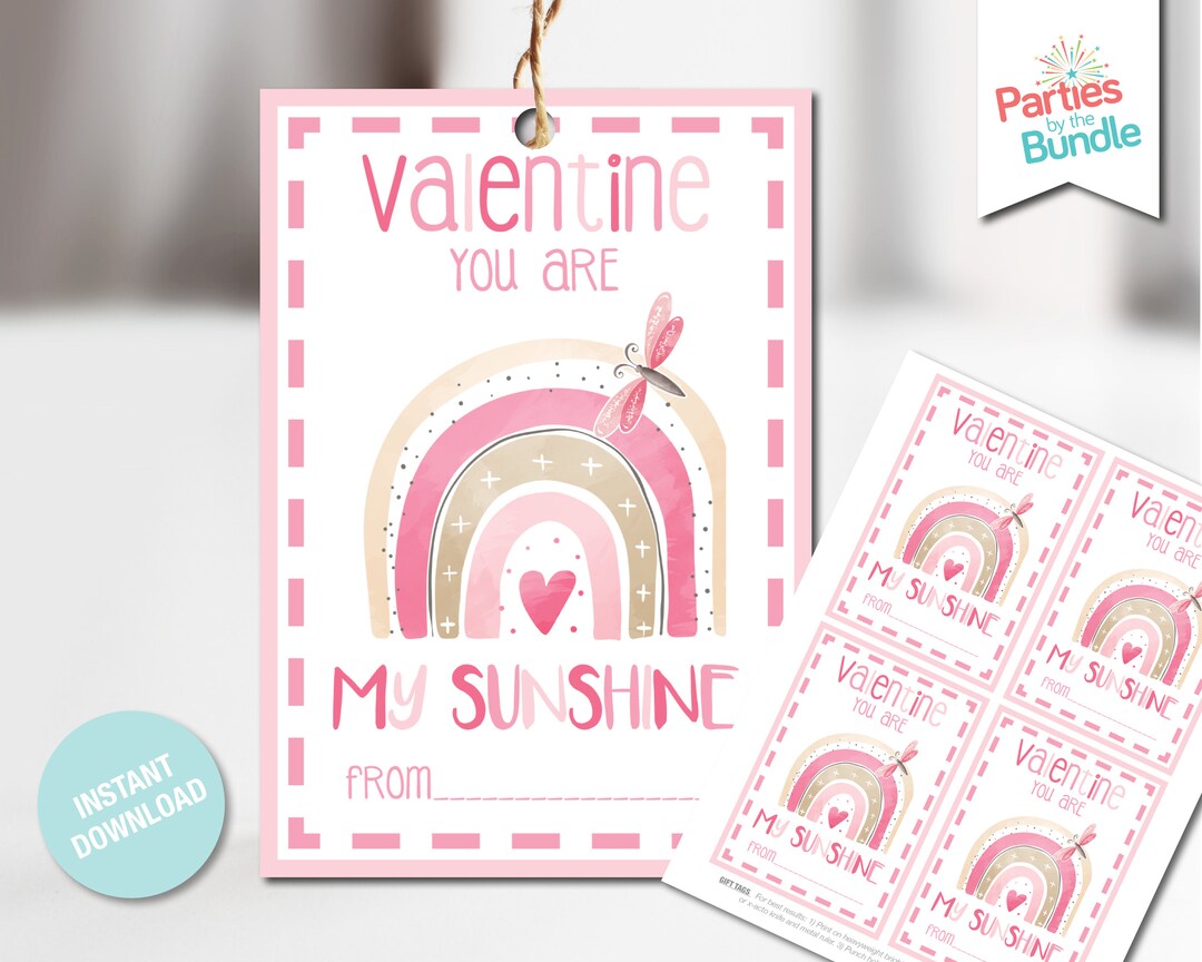 Printable Valentine's Day Gift Tag, Pink Rainbow Favor Tag, Printable ...