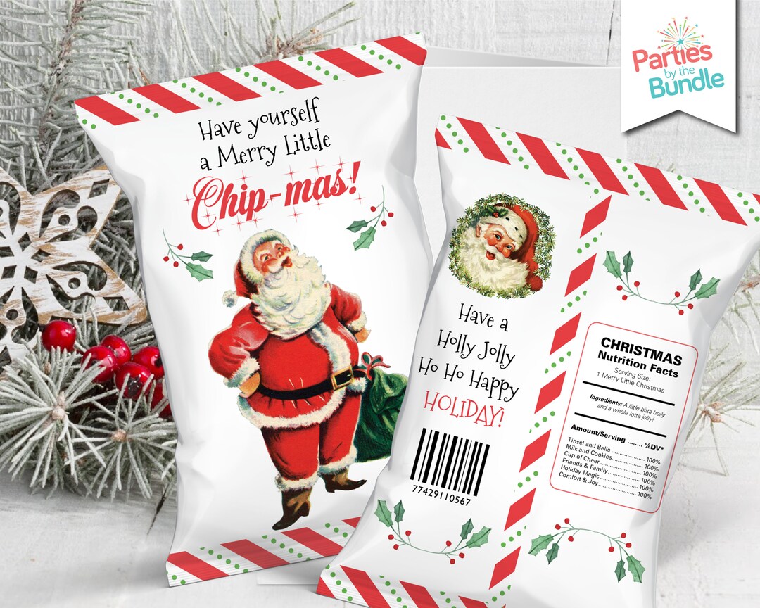 Christmas Chip Bags, Printable Holiday Party Favors, Retro Santa Snack ...