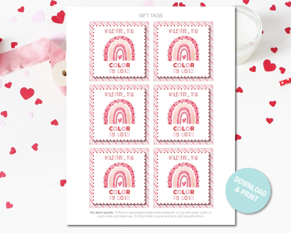 Printable Valentine's Day Gift Tag, Valentine's Favor Tag, Pink Rainbow ...