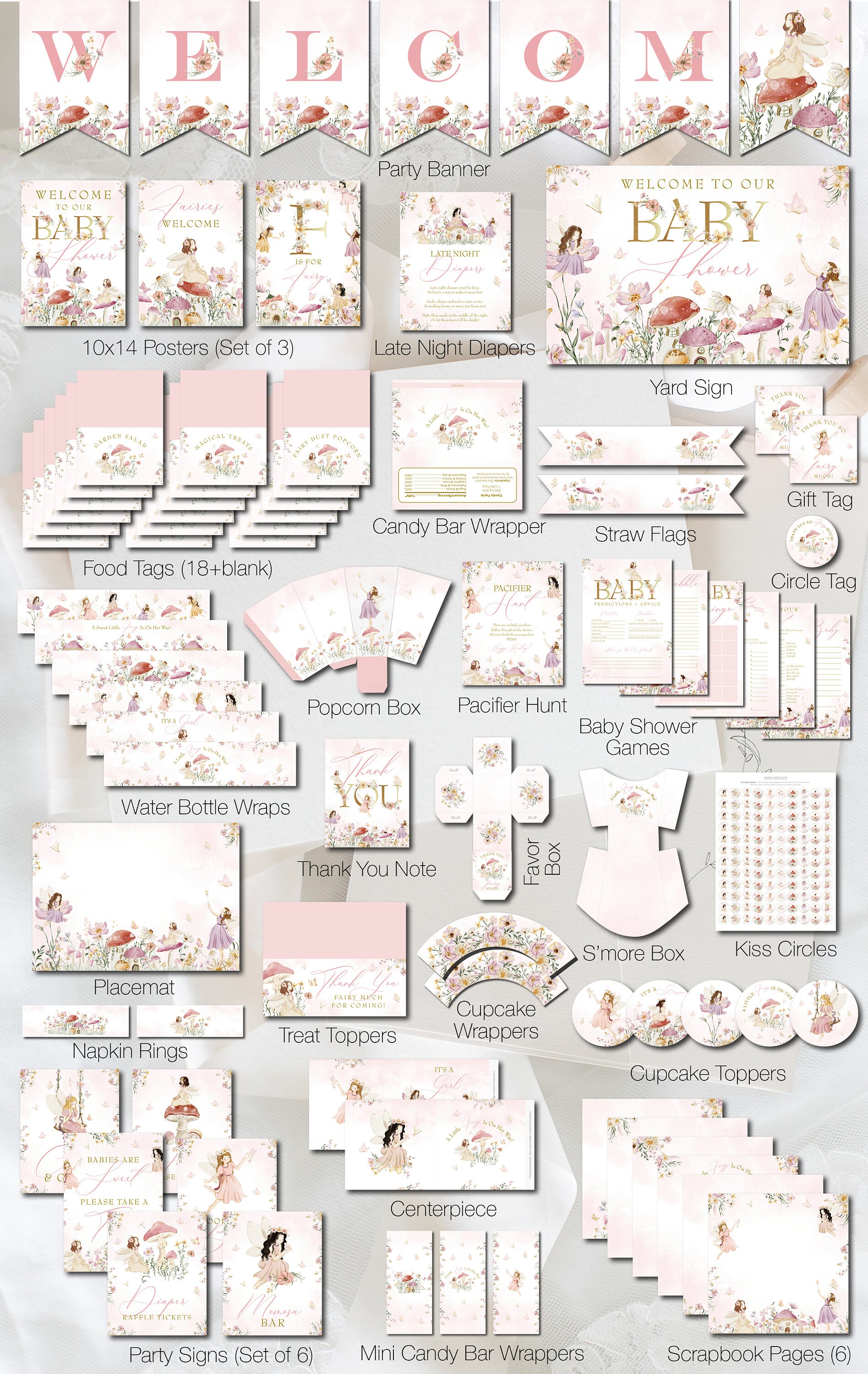 Fairy Printable Baby Shower Bundle Party Pack Kit Garden Fairy - Etsy