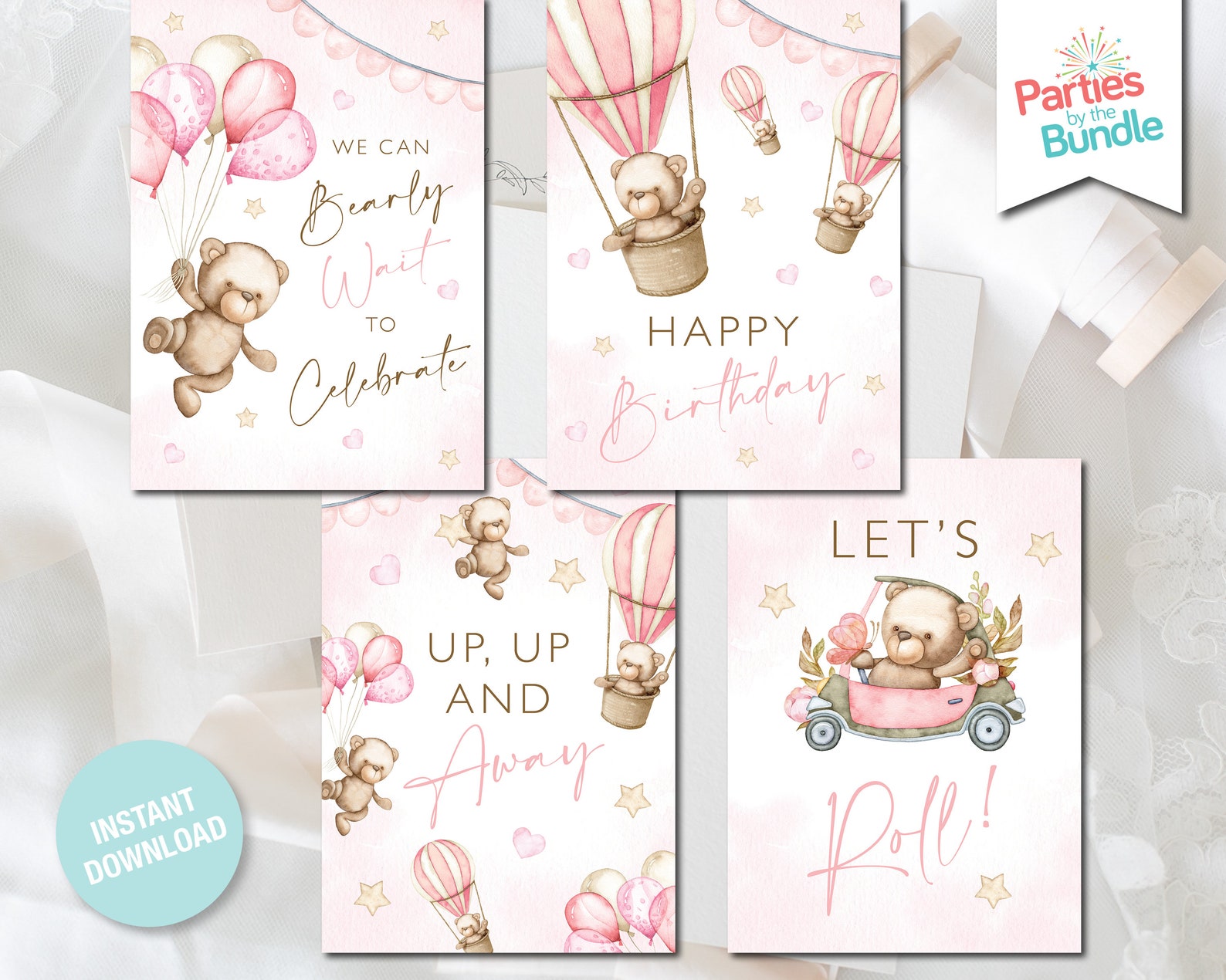 Teddy Bear Poster Set, Pink Teddy Bear Party Decorations, Birthday ...