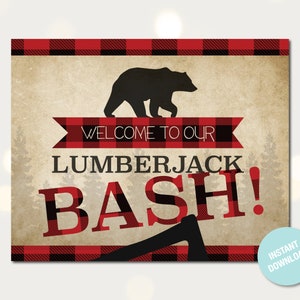 Lumberjack Birthday Party Decorations, Buffalo Plaid Welcome Sign, Red ...