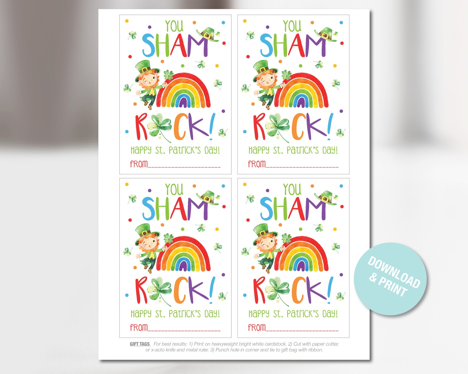 Printable St. Patrick's Day Gift Tag, Shamrock Rainbow Favor Tag ...