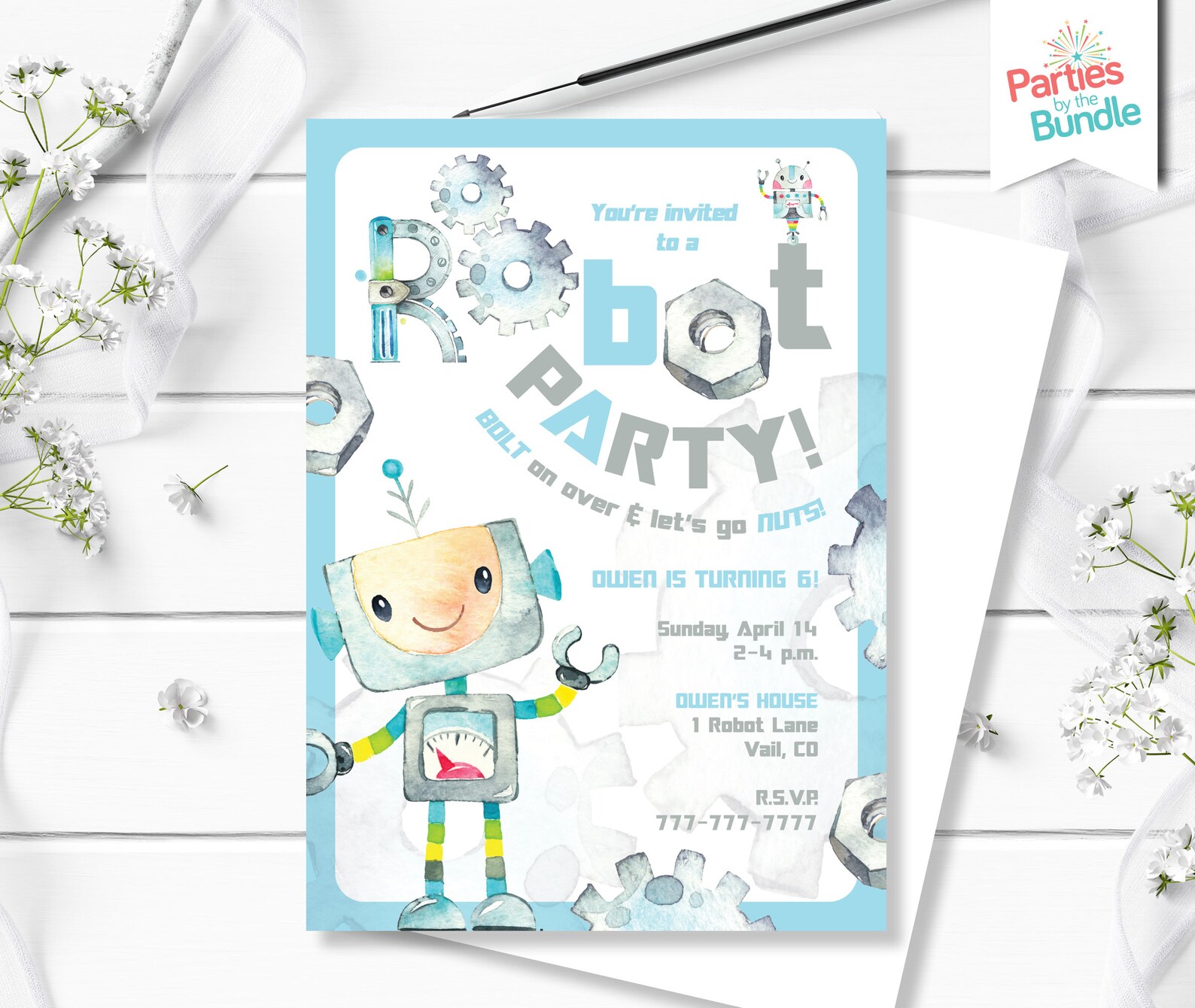 Robot Birthday Invitation Cute Robot Invite Nuts and Bolts | Etsy