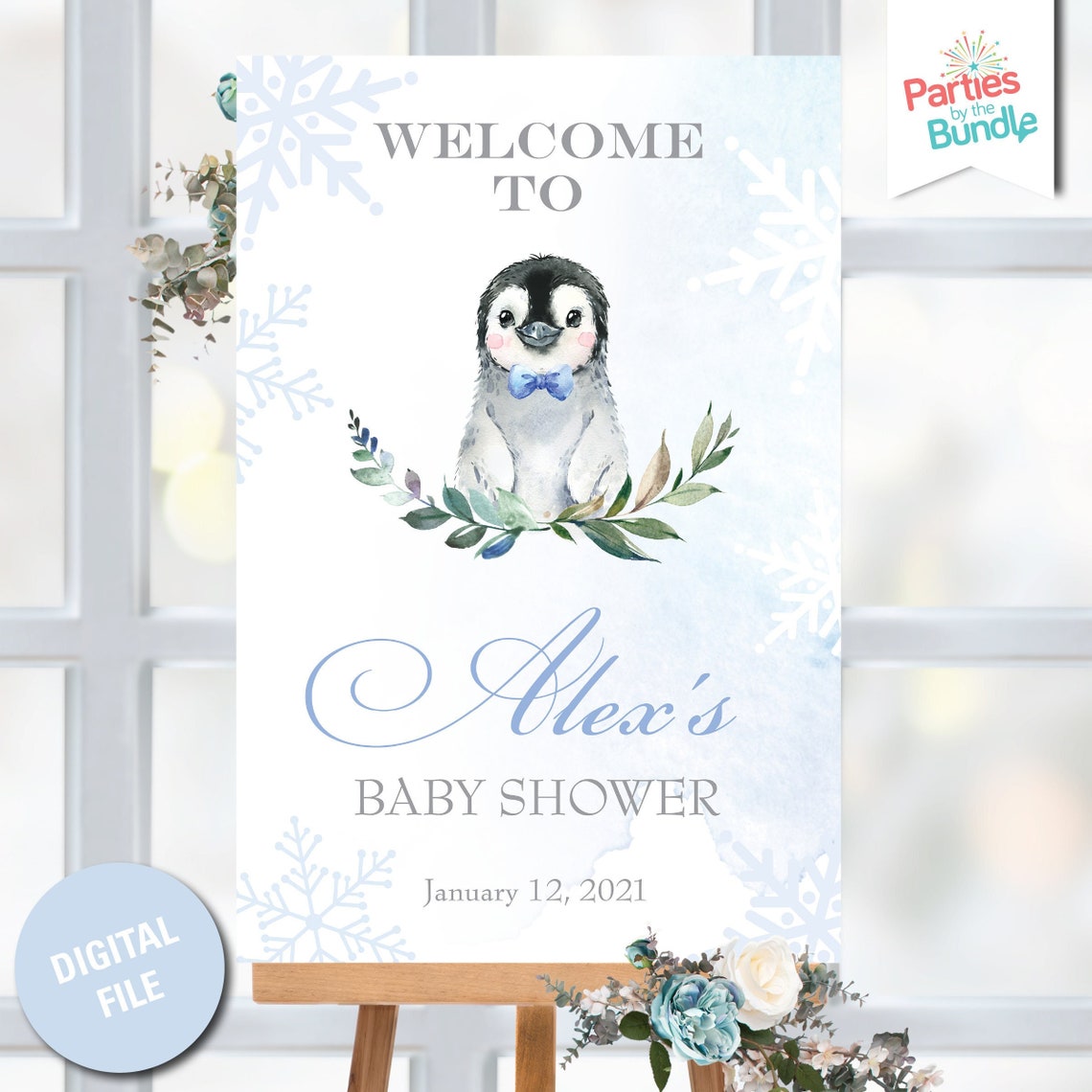 Blue Penguin Baby Shower Welcome Sign Easel Sign Winter Boy | Etsy