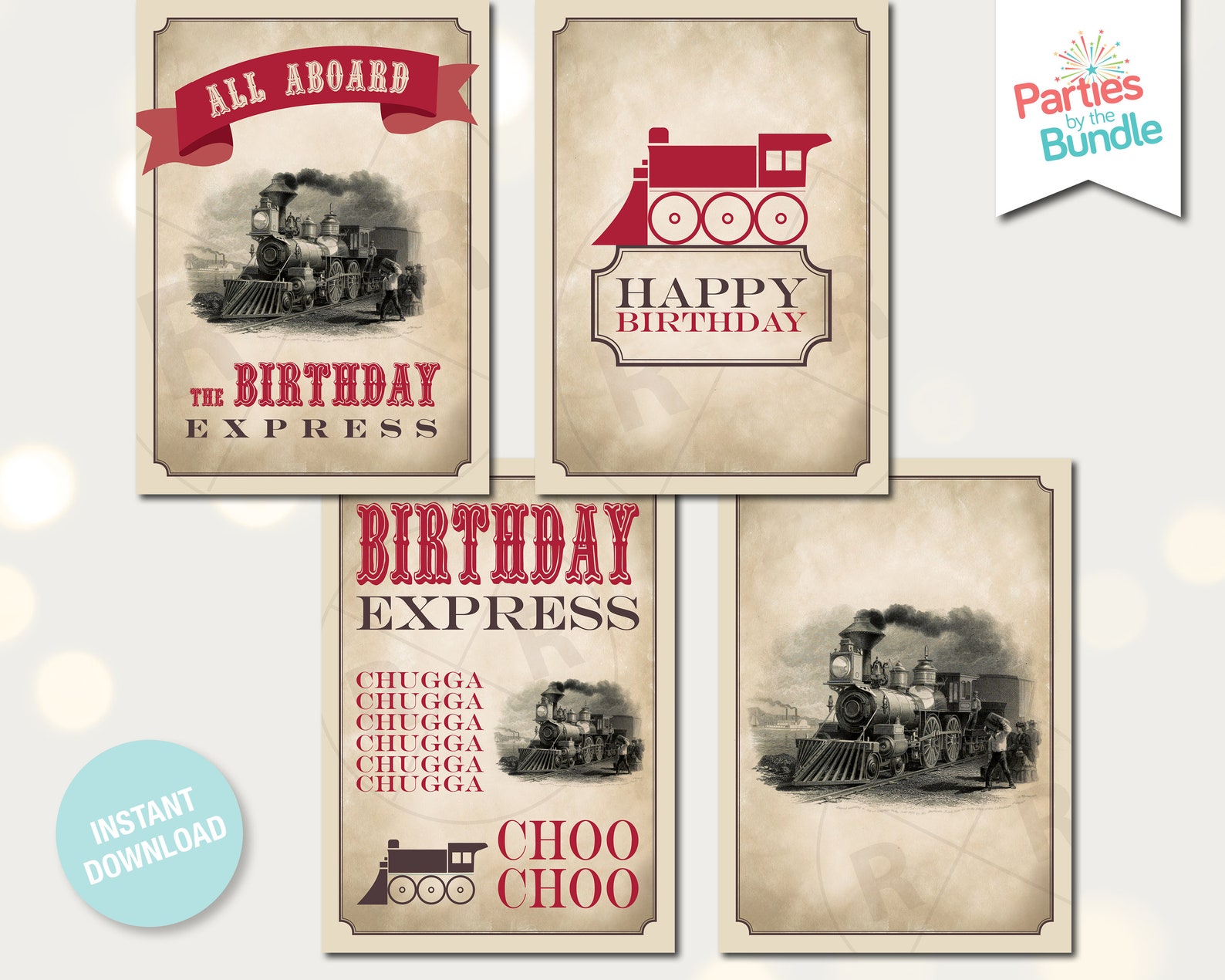 Vintage Train Birthday Party Printables, Poster Set, Train Party Decor ...