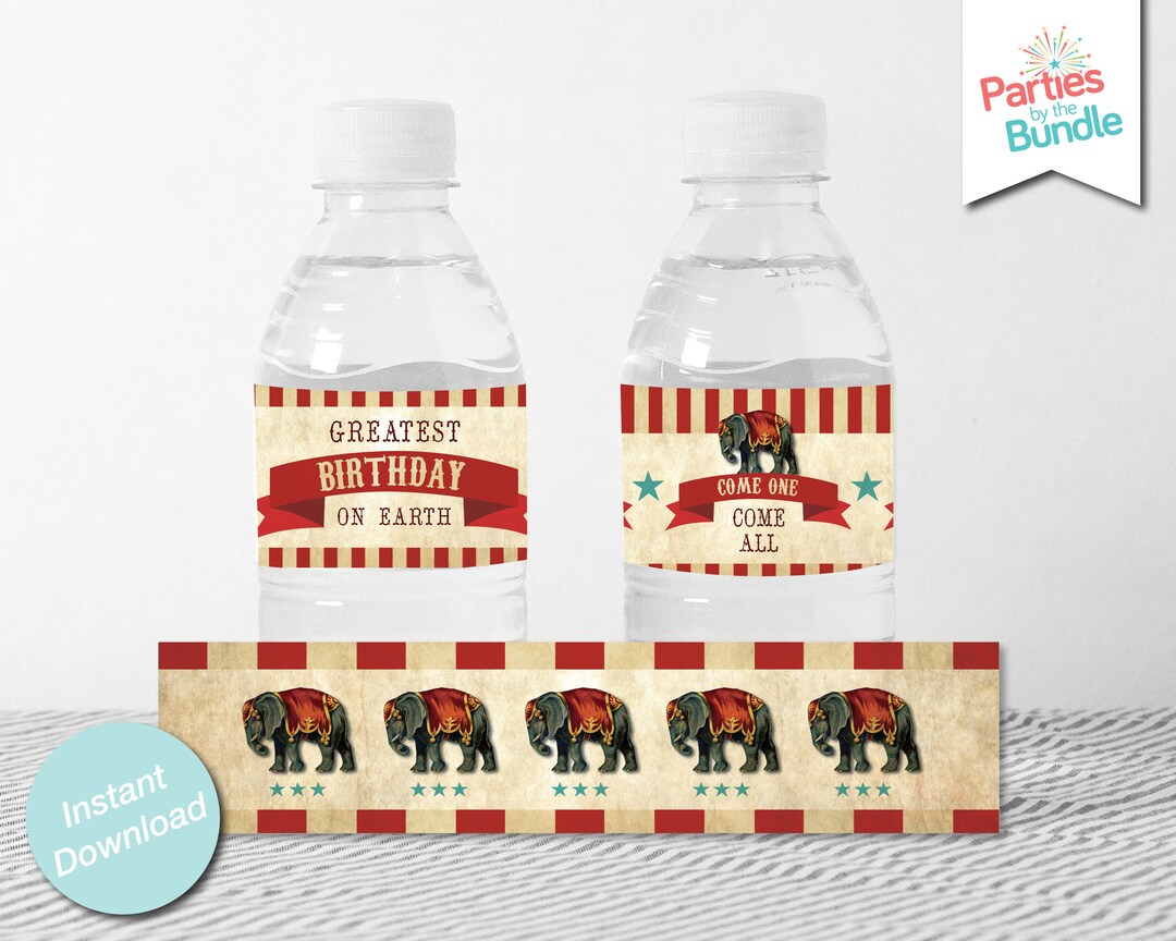 Circus Water Bottle Labels Straw Flags DIGITAL Circus Water Bottle ...
