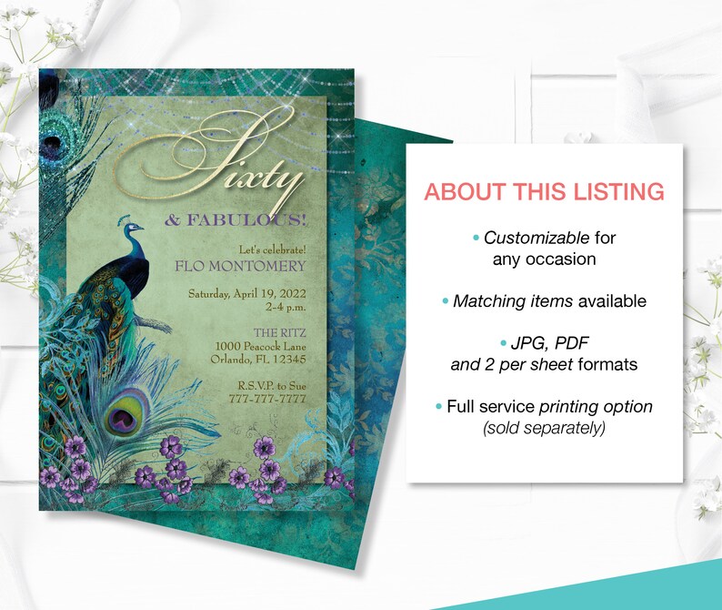 Peacock Birthday Party Invitation Peacock Feather 50th 60th 70th