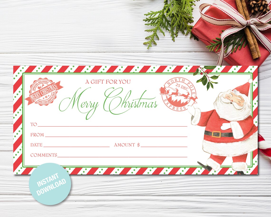 Printable Christmas Gift Certificate, Santa Gift Voucher, Gift Card ...