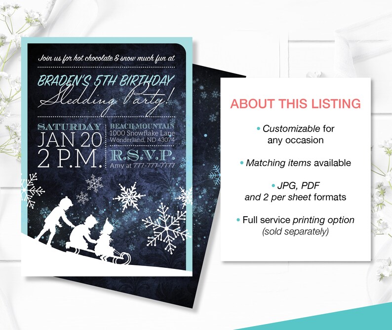 Sledding Party Invitation Winter Girl Birthday Invitation - Etsy