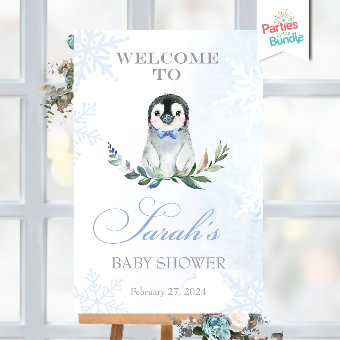 Blue Penguin Baby Shower Welcome Sign | Winter Themed Easel Decoration ...
