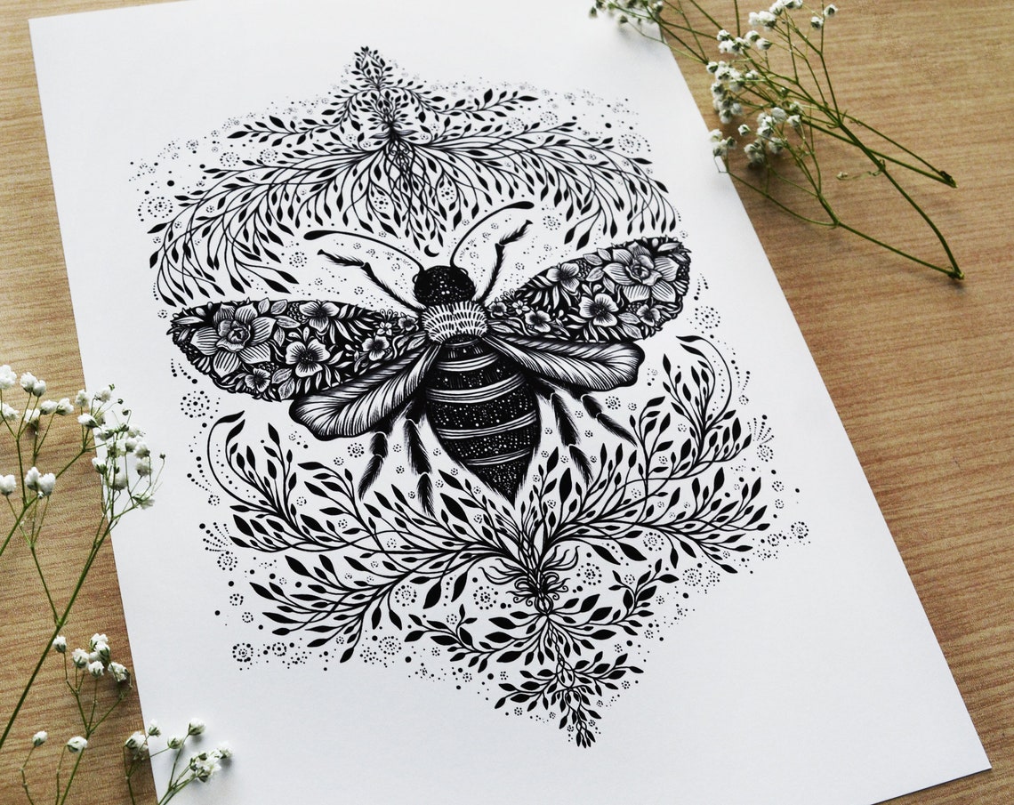 Queen Bee Drawing Fantasy Art Bee Art Night Nature | Etsy