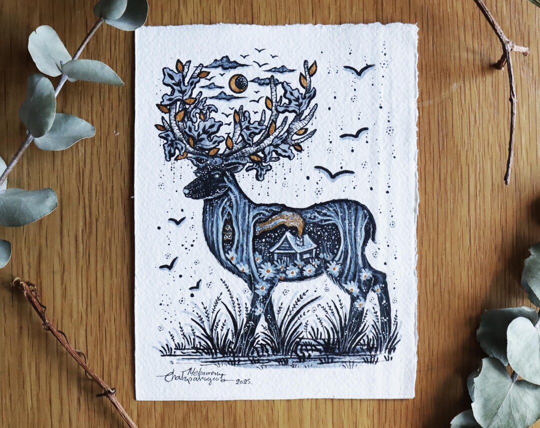 Original Deer Familiar Artwork: Handmade Paper, Pen & Ink Fantasy Art ...