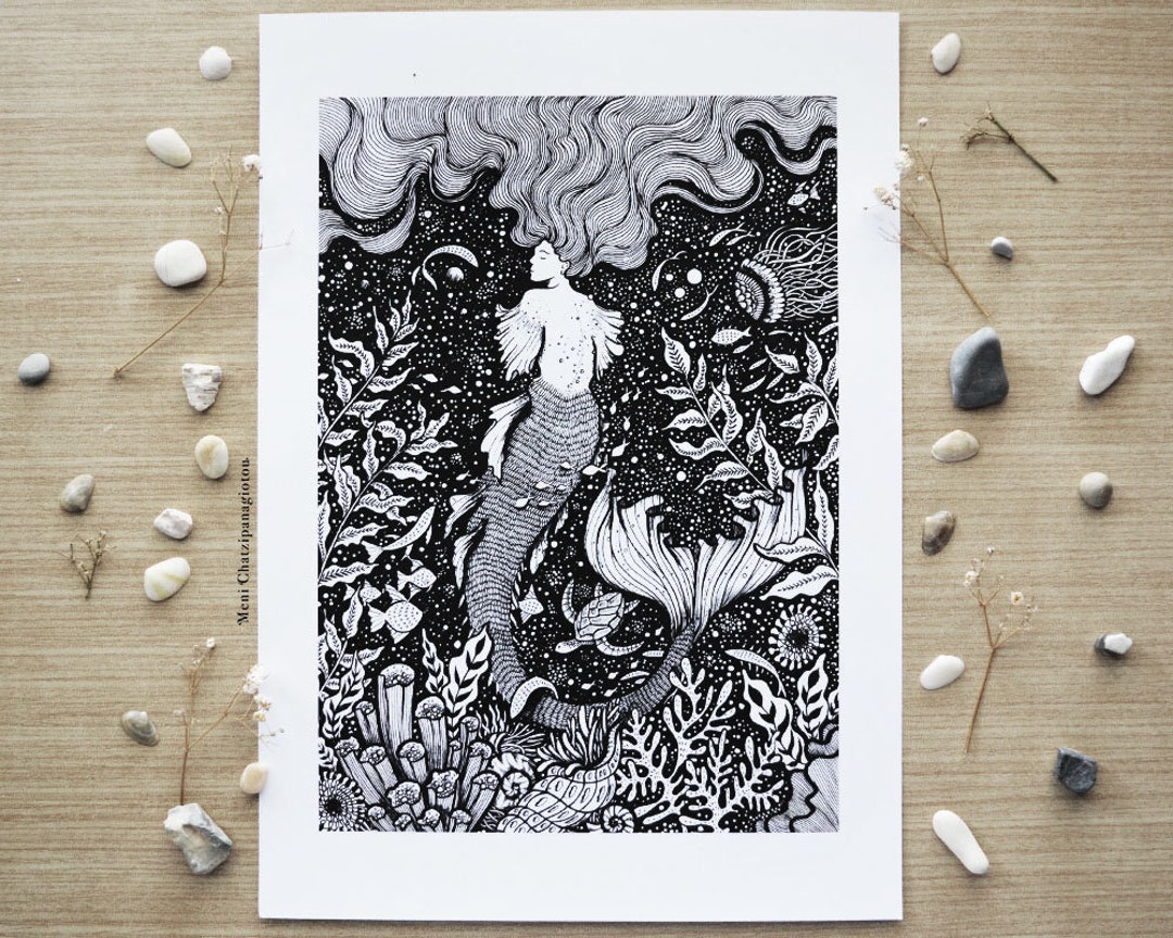 Mermaid Spell | Sea, Ocean, Pen Drawing, Sea Turtle, Coral Reef | Fine ...