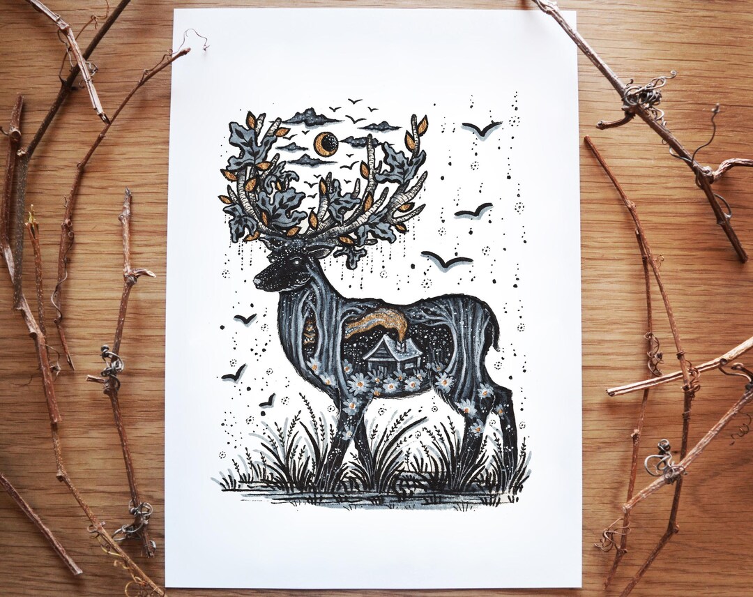 Deer Familiar - Limited Edition Print | Pen Drawing, Bird, Animal Art ...