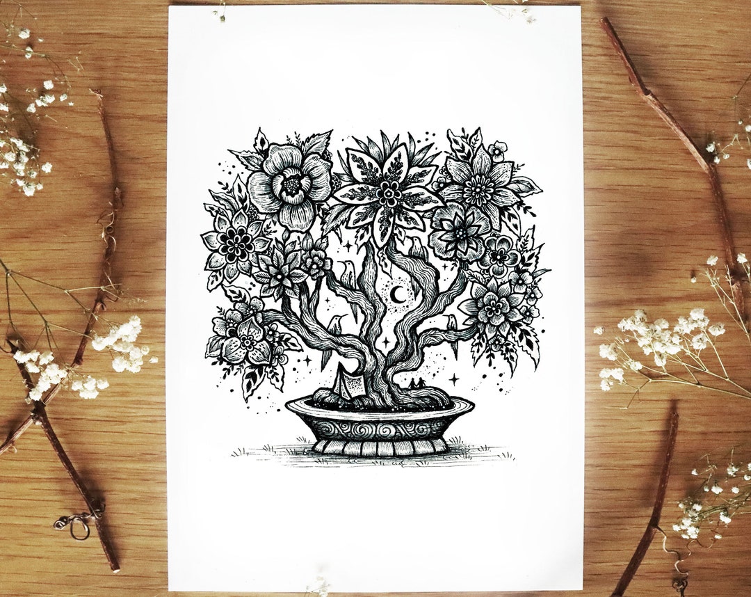 Bonsai Flower Plant Tree - Limited Edition Print | Pen and Ink Drawing ...