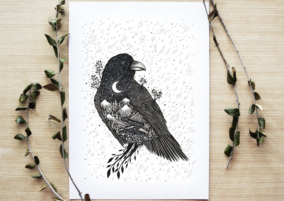 The Raven Limited Edition Print Pen Drawing Moon Nature | Etsy