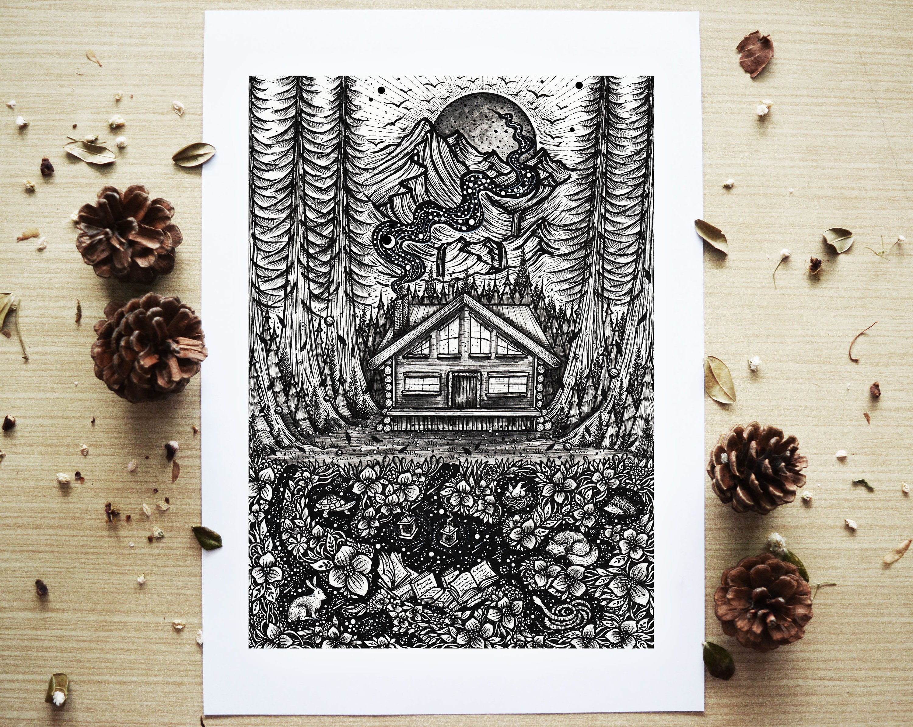 Home is Nature Pen Drawing Moon Night Nature Landscape - Etsy UK