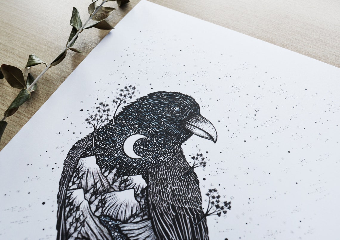 The Raven Limited Edition Print Pen Drawing Moon Nature | Etsy