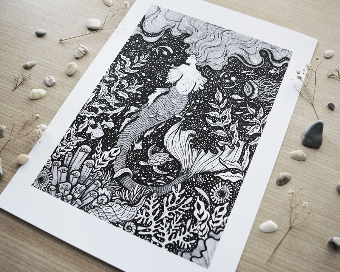 Mermaid Spell Sea Ocean Pen Drawing Sea Turtle Coral | Etsy