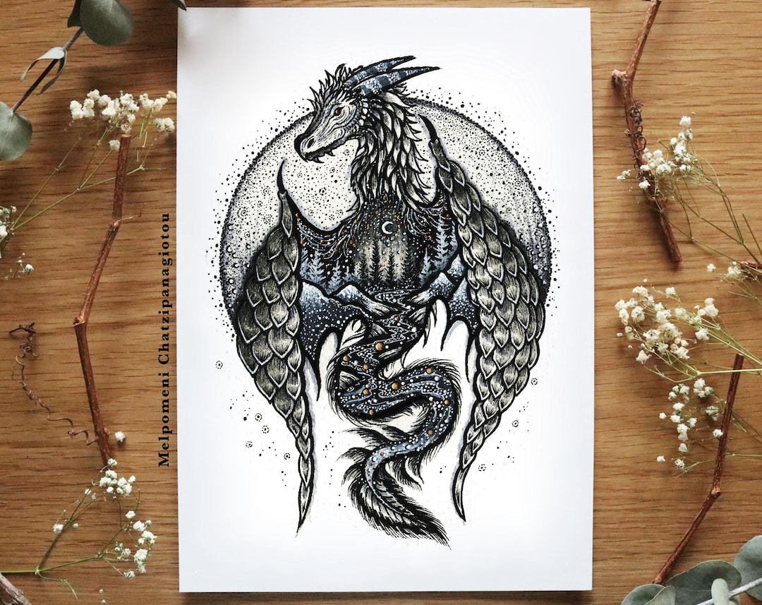 Limited Edition Dragon Familiars Print: Pen & Ink, Gold Embellished A4 ...