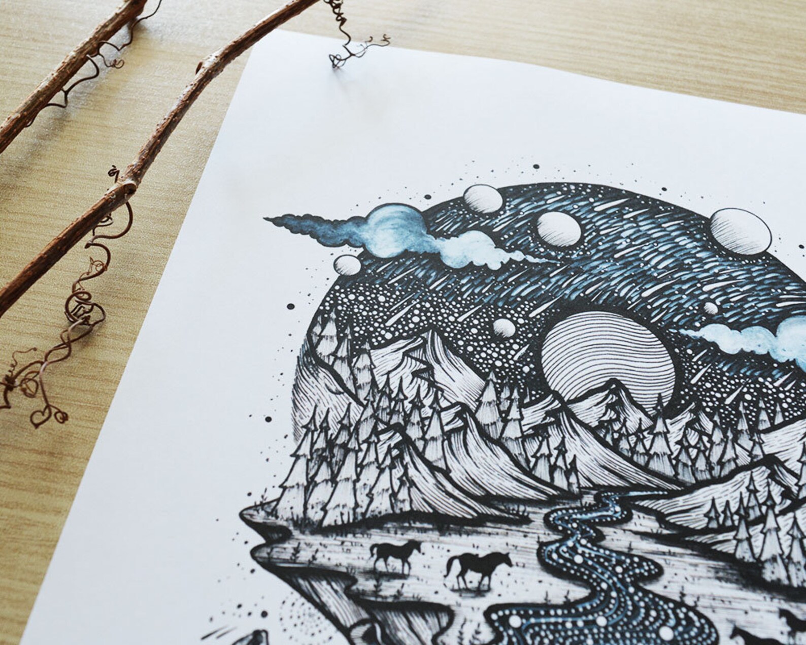 Floating Mountain || Fine Art Print, Mountains, Forest, Horse, Whale ...