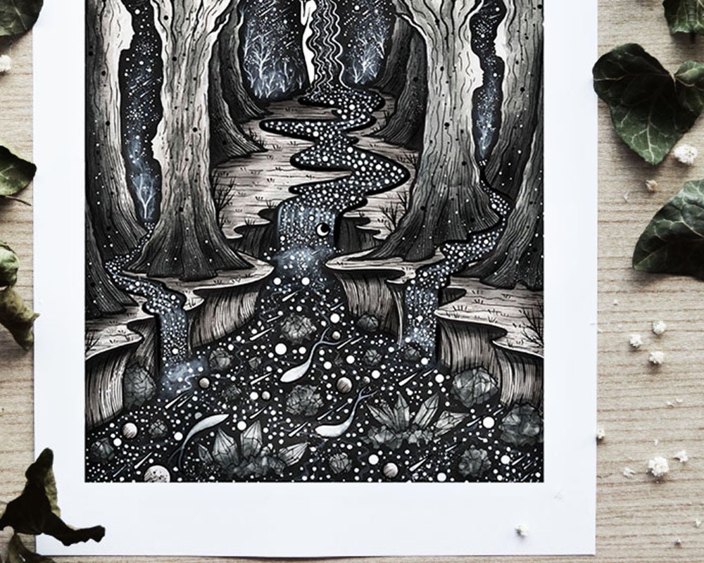 Nymph of the Spirit Trees | Pen Drawing, Moon, Night, Nature, Landscape ...
