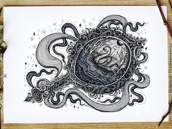 Magical Mirror Pen Drawing Fantasy Art Natural Night | Etsy