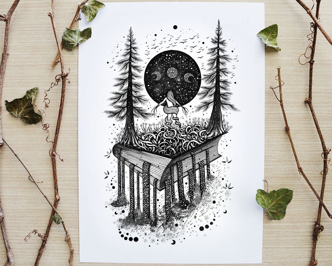 Binding Spell | Pen Drawing, Moon, Night, Nature, Landscape, Fantasy ...