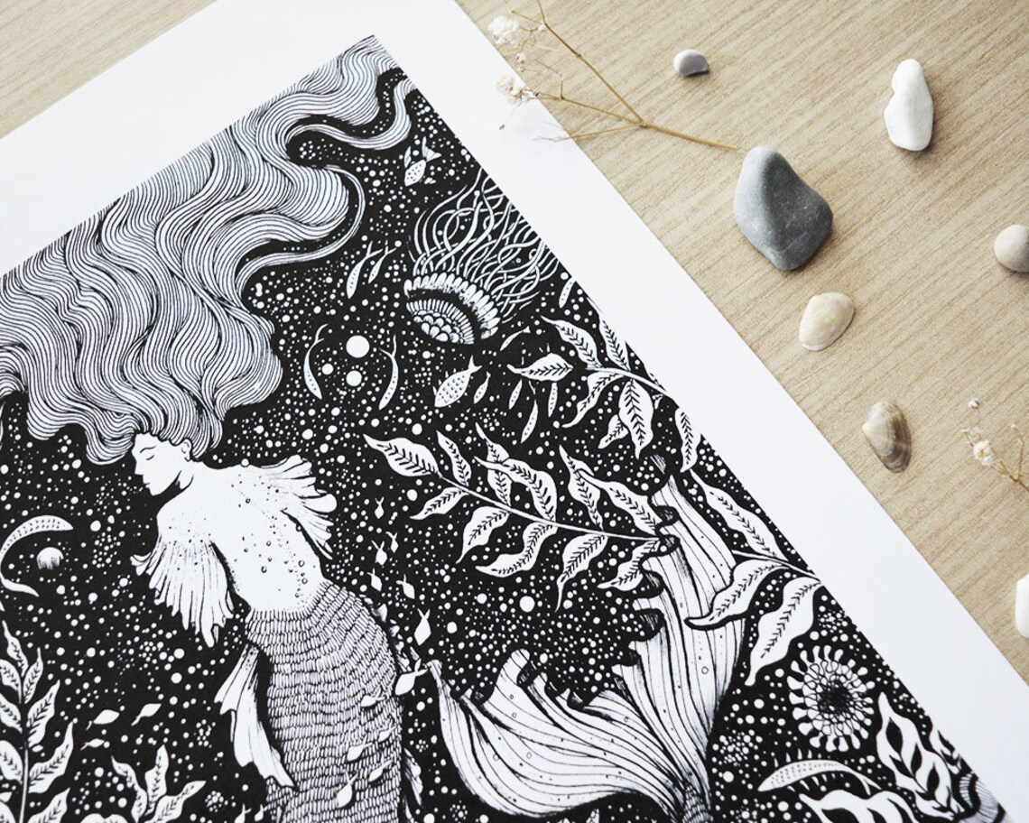 Mermaid Spell Sea Ocean Pen Drawing Sea Turtle Coral | Etsy