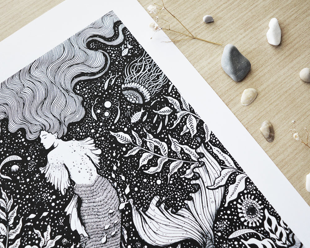 Mermaid Spell Sea Ocean Pen Drawing Sea Turtle Coral | Etsy