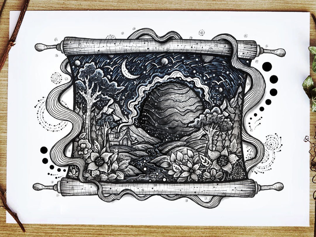 Mystical Scroll || Pen Drawing, Fantasy Art, Cabin House, Night, Nature ...