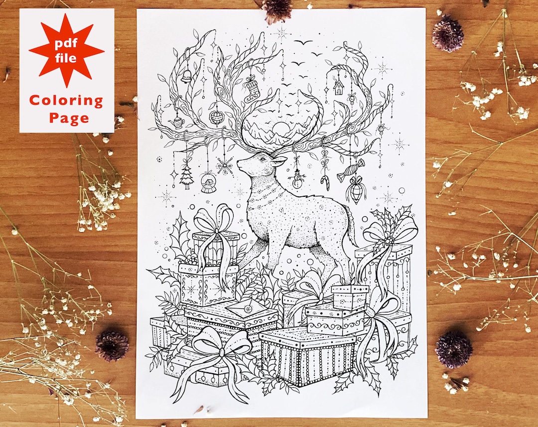 Christmas Deer Presents Coloring Page: A Digital A4 Size Pdf File, With ...