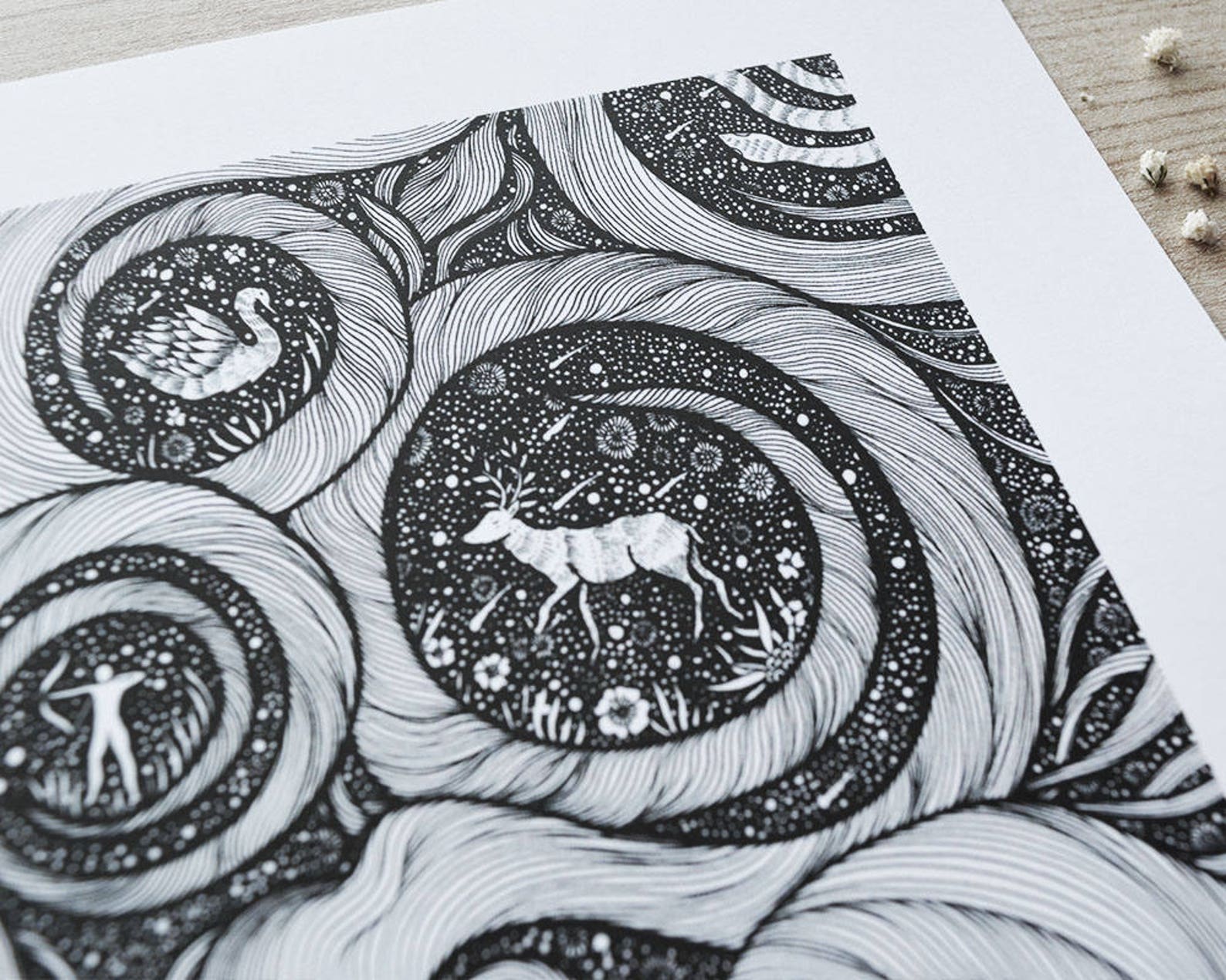 Artemis Greek Goddess Pen Drawing Animals Nature Woman - Etsy