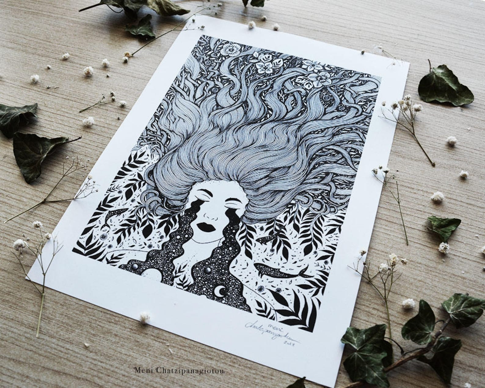 Lucid Dream Woman Pen Drawing Hair Whale Nature Leaf | Etsy