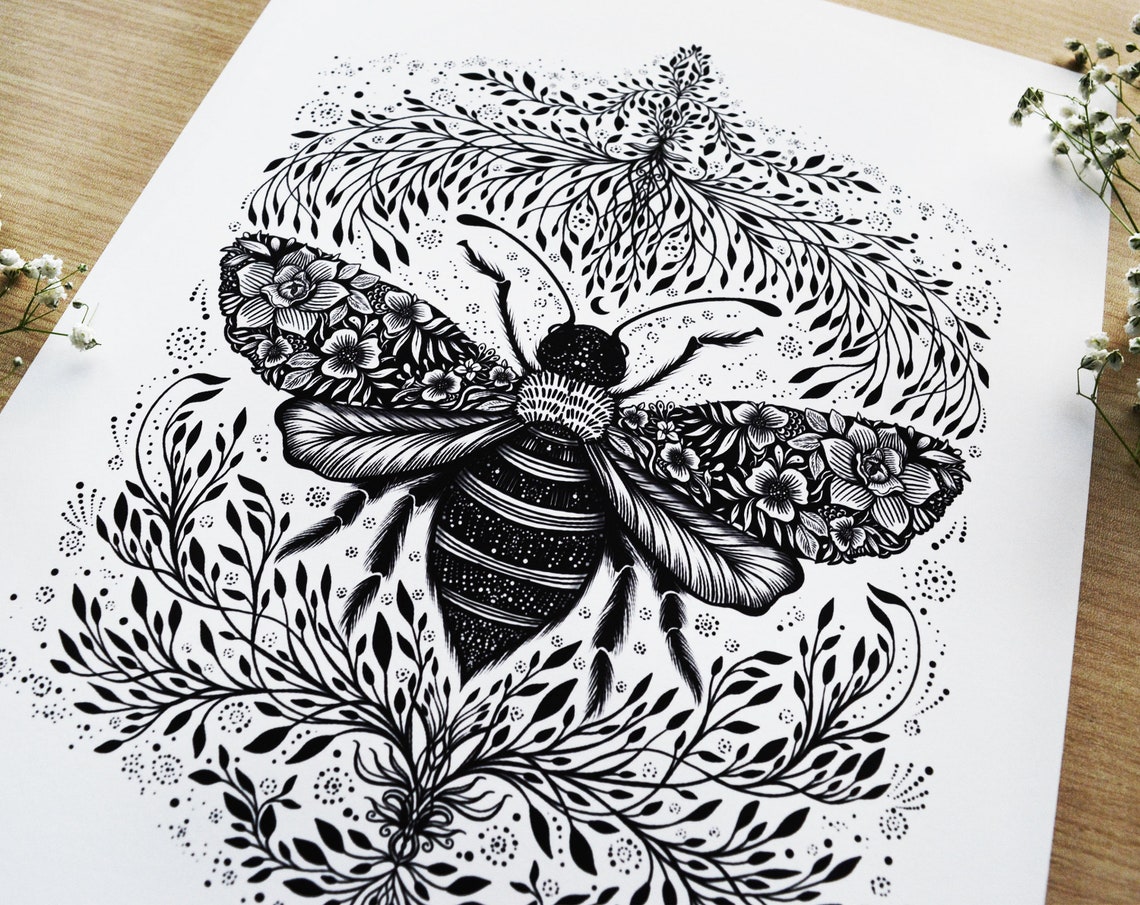 Queen Bee Drawing Fantasy Art Bee Art Night Nature | Etsy