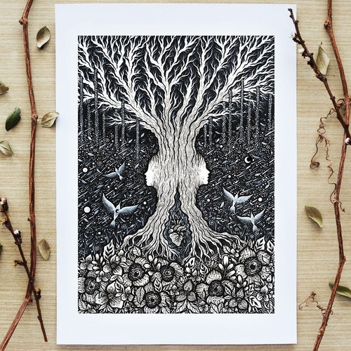 Nymph of the Spirit Trees Pen Drawing Moon Night Nature - Etsy