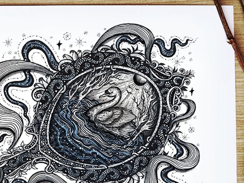 Magical Mirror Pen Drawing Fantasy Art Natural Night | Etsy